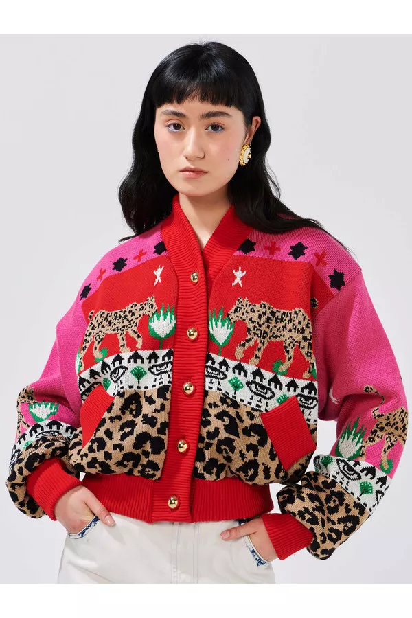 Leopardess Cotton Merino Bomber Jacket Pink/Red by Hayley Menzies...