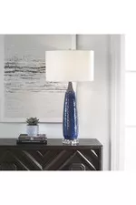 Newport Table Lamp, 1-Light, Cobalt Blue, White Linen Drum Shade,...